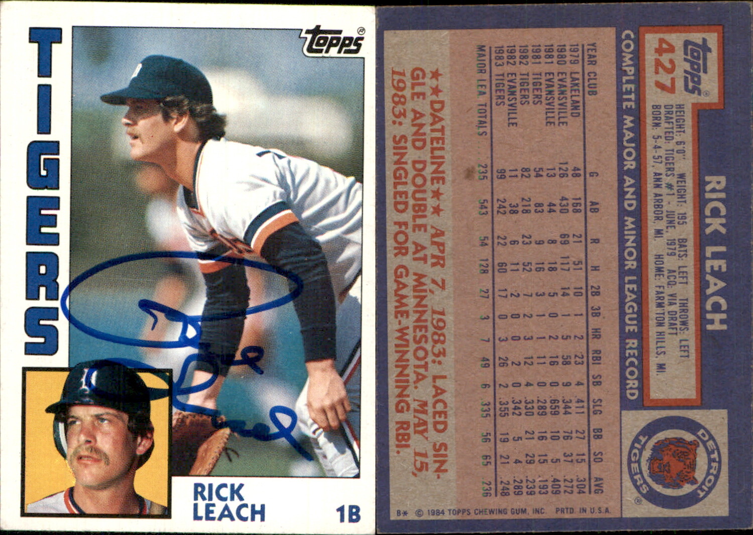 Rick Leach Signed 1984 Topps #427 Card Detroit Tigers Auto AU | eBay