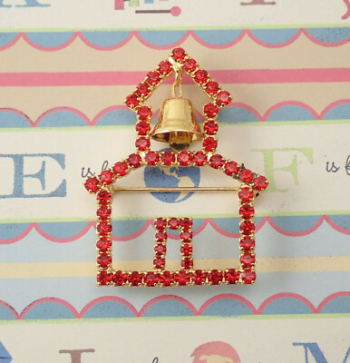 Vintage Red Prong Set Rhinestone Schoolhouse Gold Tone Bell Pin Brooch ...