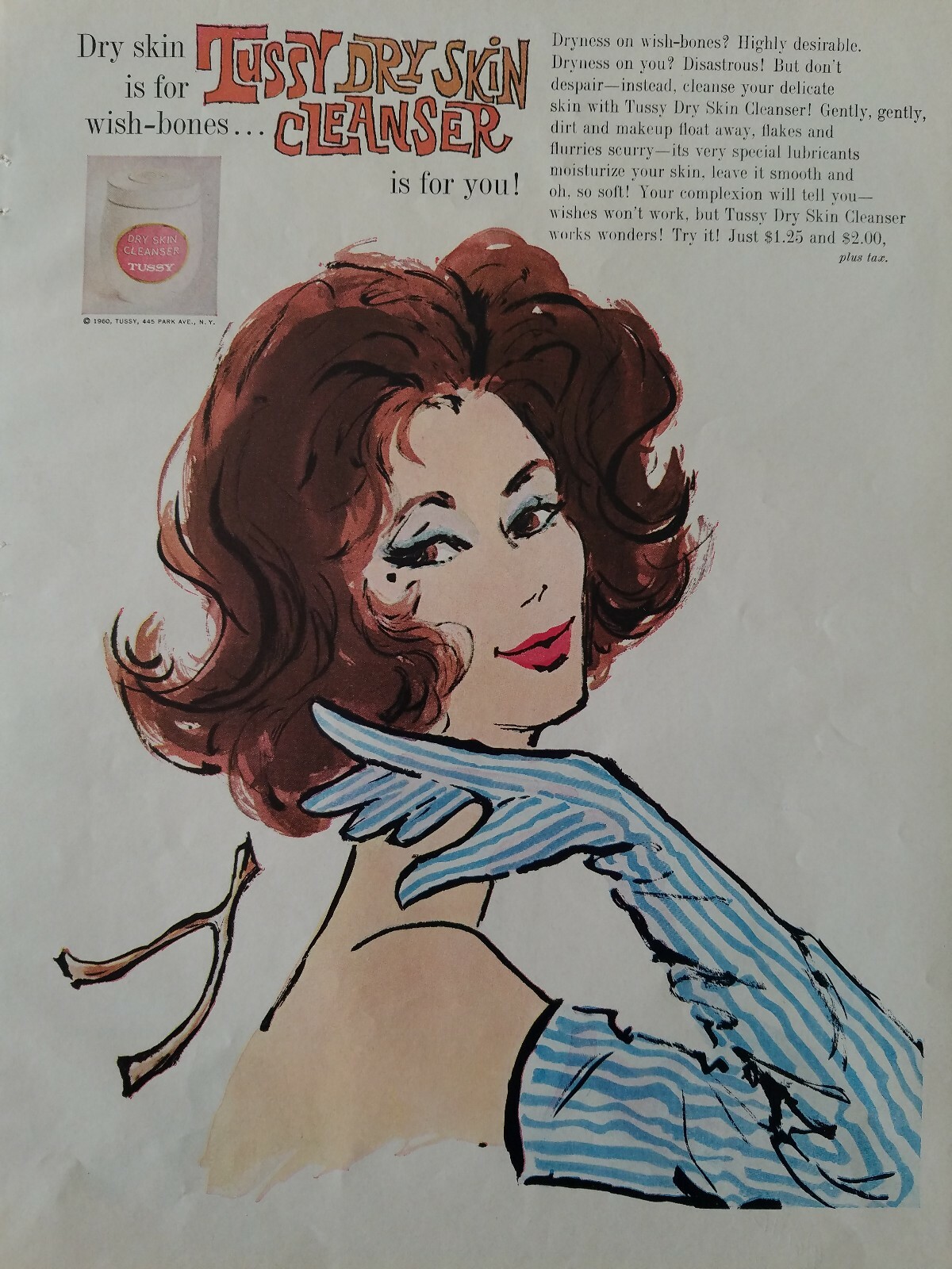 1961 Tussy dry skin cleanser red head blue striped gloves Wishbone ...