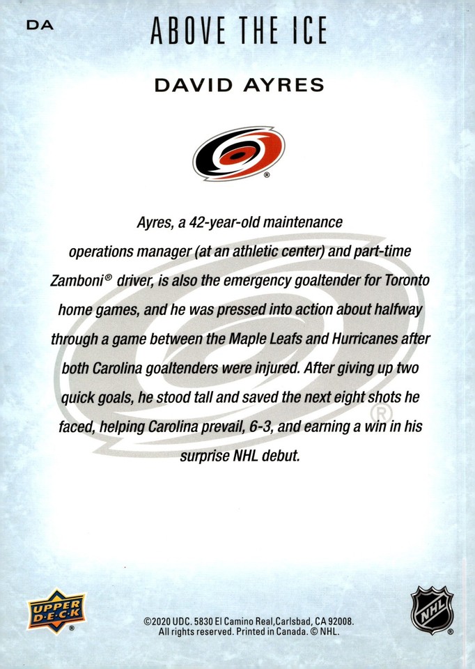 2019-20 Upper Deck Hockey David Ayres Above the Ice Oversized Rookie ...