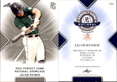 JACOB REIMER 2021 LEAF PERFECT GAME NATIONAL SHOWCASE ROOKIE CARD #204 ...