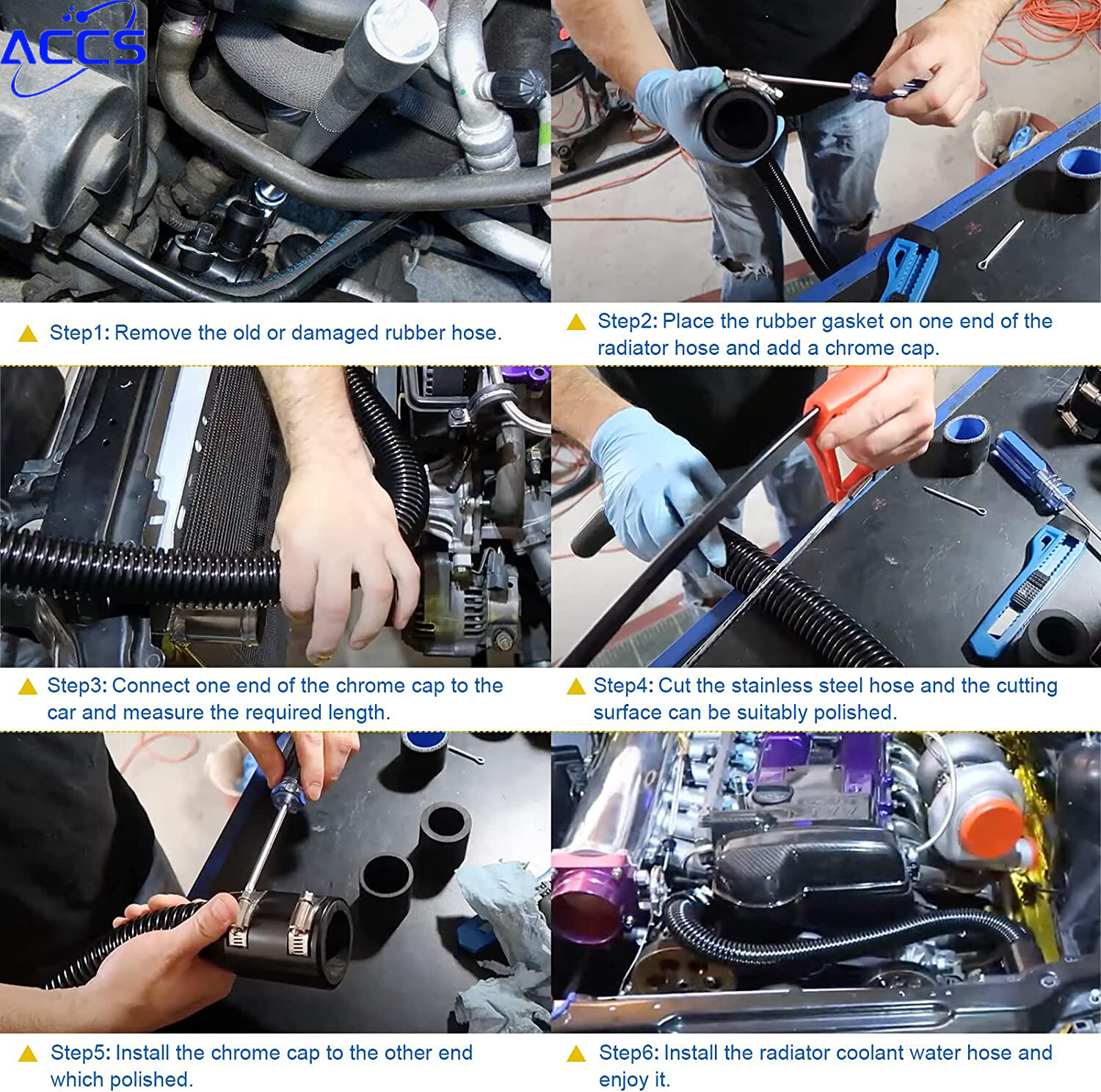 48" Stainless Steel Radiator Flexible Coolant Water Hose w/ Caps Kit ...