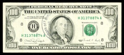 1990 $100 BILL HUNDRED H ST. LOUIS TENNESSEE TELLER STAMP FEDERAL ...