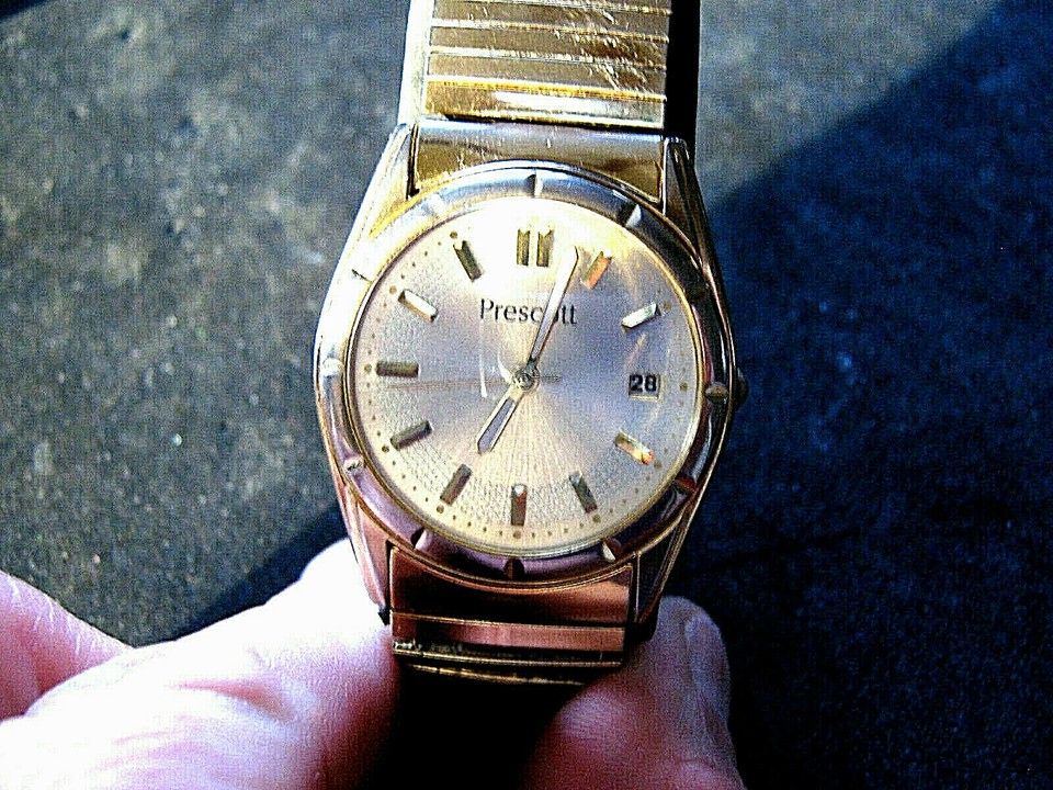 Prescott Men's Gold Plated Wristwatch Gold/Silver Dial Calendar Dress ...