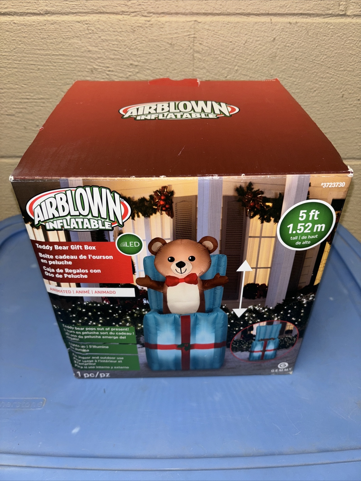 Gemmy Animated Airblown 5' Christmas Teddy Bear Popping Out Of Gift Box ...