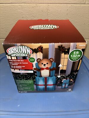 Gemmy Animated Airblown 5' Christmas Teddy Bear Popping Out Of Gift Box ...
