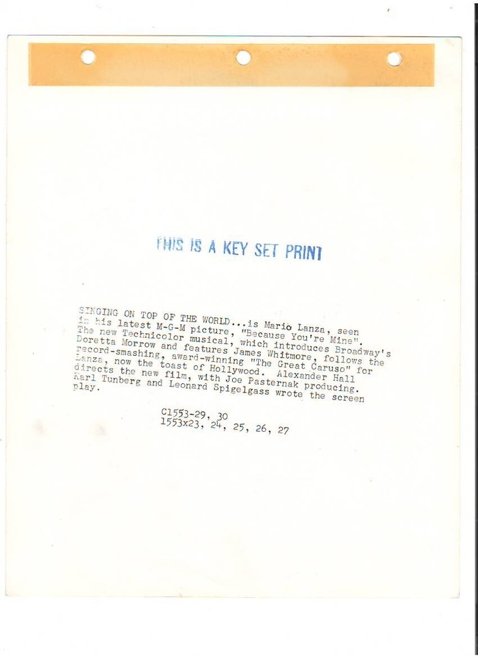 MARIO LANZA ORIGINAL 8X10 PHOTO FUN ACTION PORTRAIT 1952 MGM BECAUSE ...