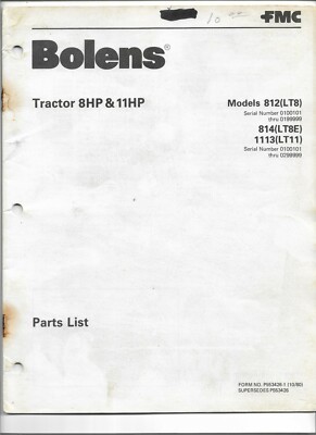 Original FMC Bolens 8 11 hp Models 812 LT8 814 LT8E 1113 LT11 Tractor ...