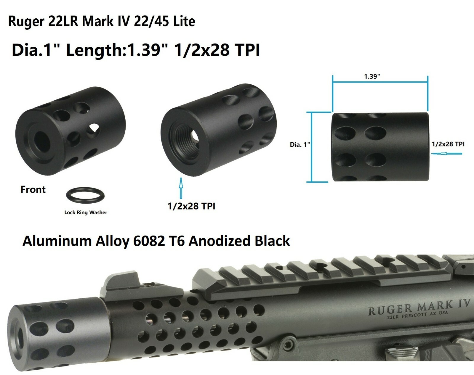 Ruger .22LR Mark IV 22/45 Lite Muzzle Brake Compensator 1/2x28 TPI 1 ...