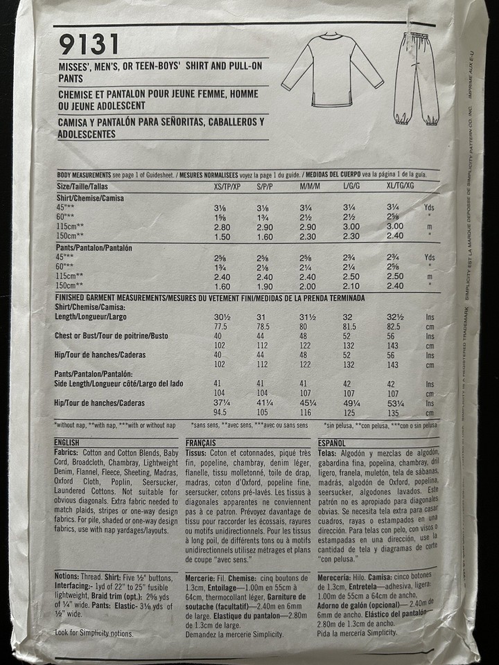 Vintage SIMPLICITY 9131 Pull On Pants Shirt Jacket Mens Misses A Xs-Xl ...