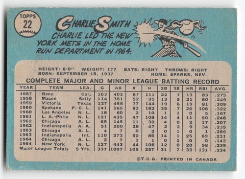 Charlie Smith 1965 O-Pee-Chee #22 New York Mets GD | eBay
