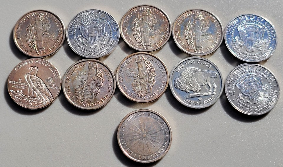 Mix Lot of 11 - 1/10 oz. 999 Fine Silver Bullion - 1.1 oz Total Weight ...