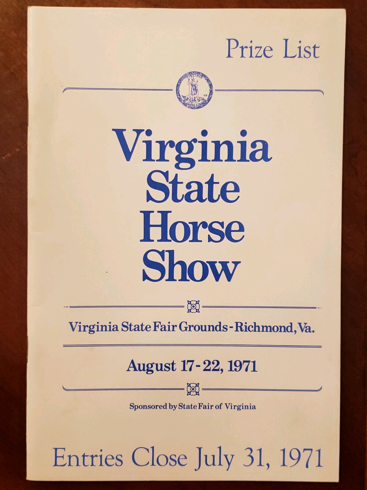 1971 Virginia State Horse Show Prize List w/ Original Entry Form ...