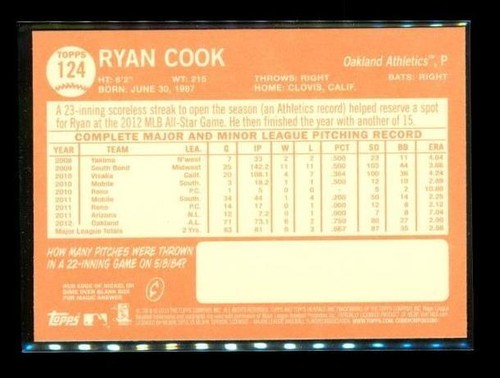2013 TOPPS HERITAGE Baseball Trading Card #124 RYAN COOK Oakland ...
