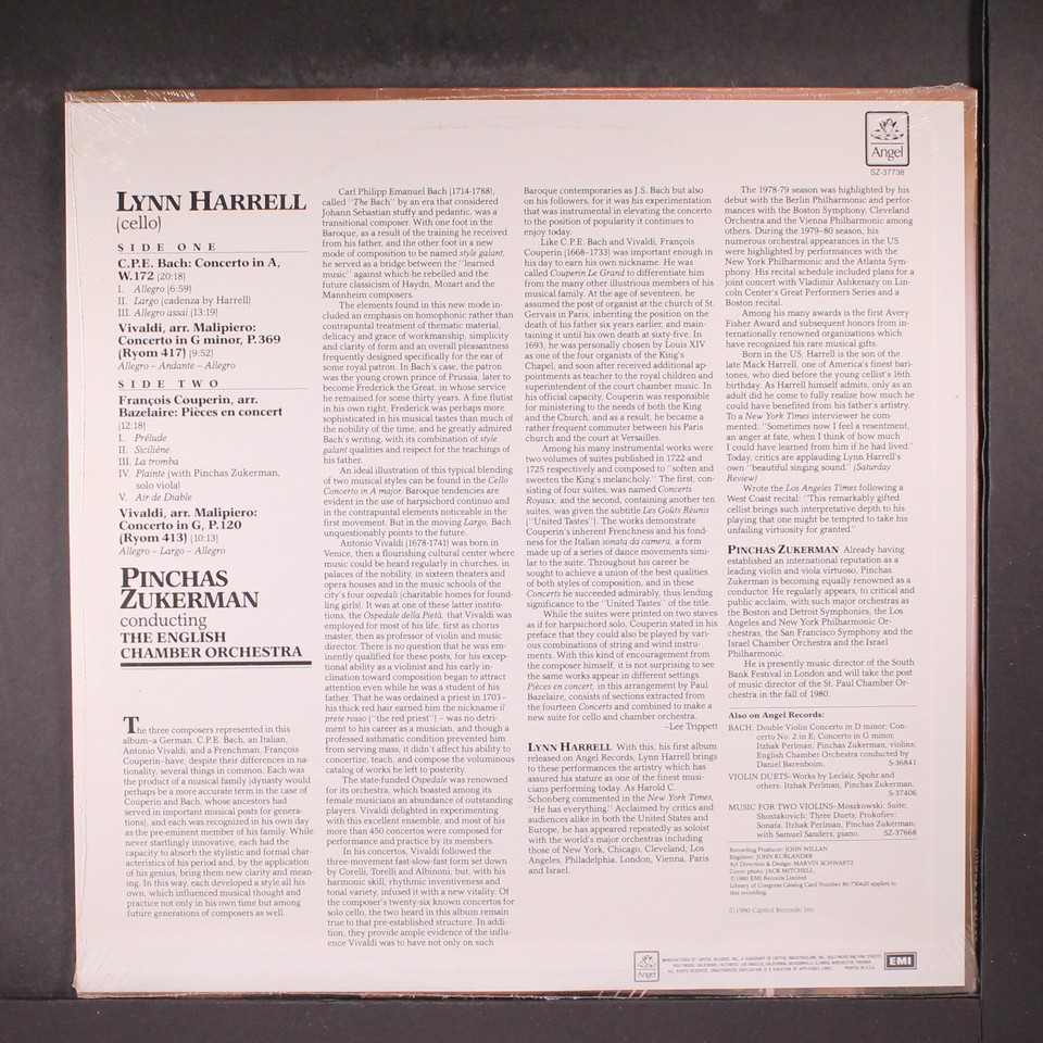 LYNN HARRELL: c.p.e. bach, vivaldi, couperin ANGEL 12" LP 33 RPM Sealed ...