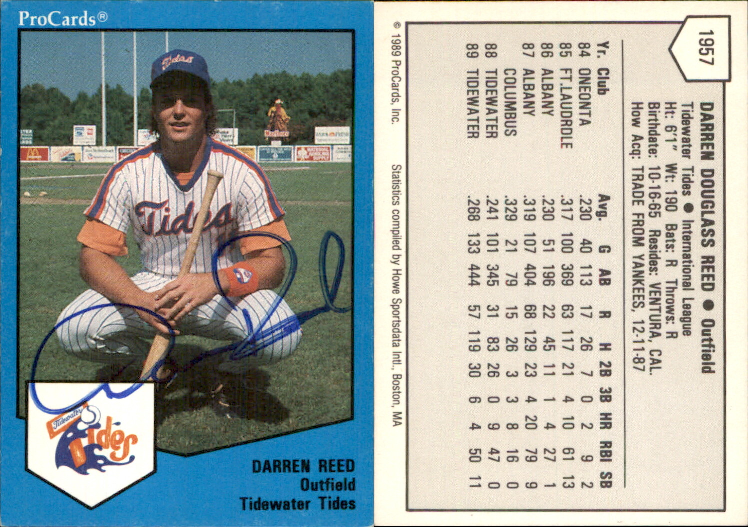 Darren Reed Signed 1989 ProCards Minor #1957 Tidewater Tides | eBay