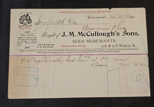 1902 J M McCullough's Sons Seed Merchants Illustrated Billhead ...
