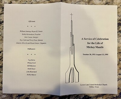 1995 MICKEY MANTLE FUNERAL PROGRAM MEMORIAL PHAMPLET DALLAS TEXAS 8/15 ...