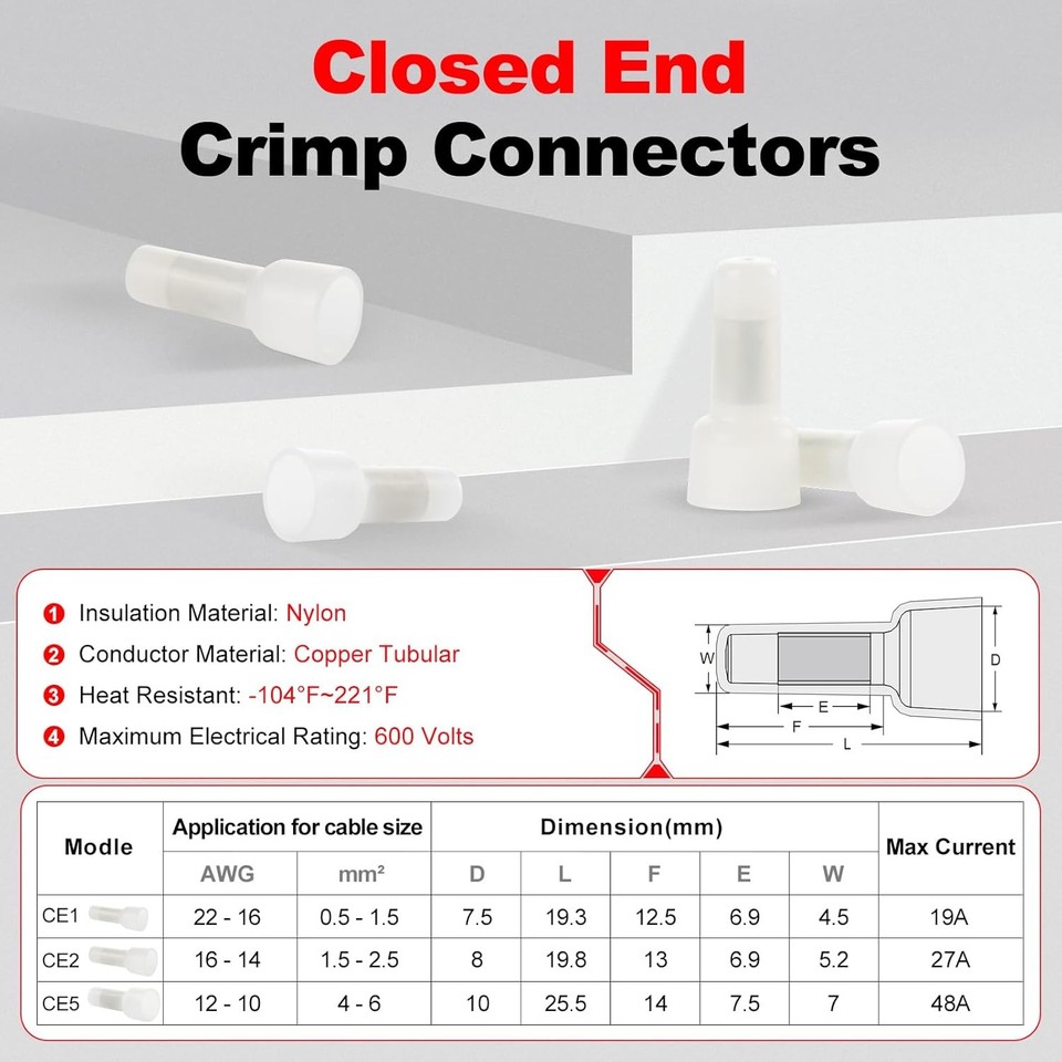 AIRIC Closed End Crimp Connectors 22-16 AWG 100 Pcs AWG(CE1), 100pcs | eBay