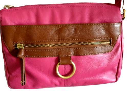Bright Pink Fushia Leather Crossbody Shoulder Bag Purse Handbag Tan ...