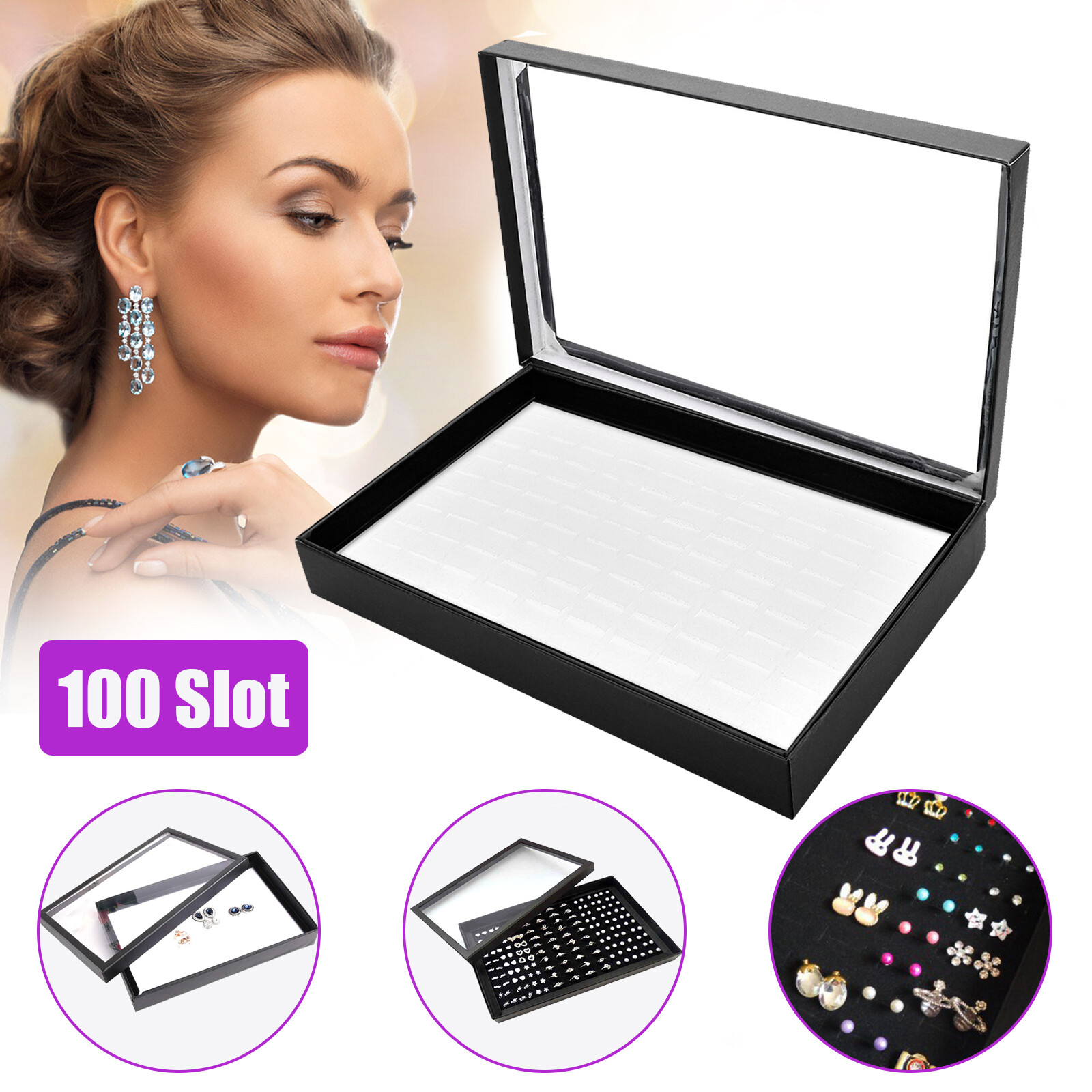 100 Slots Jewelry Ring Display Organizer Tray Holder Earrings Storage ...