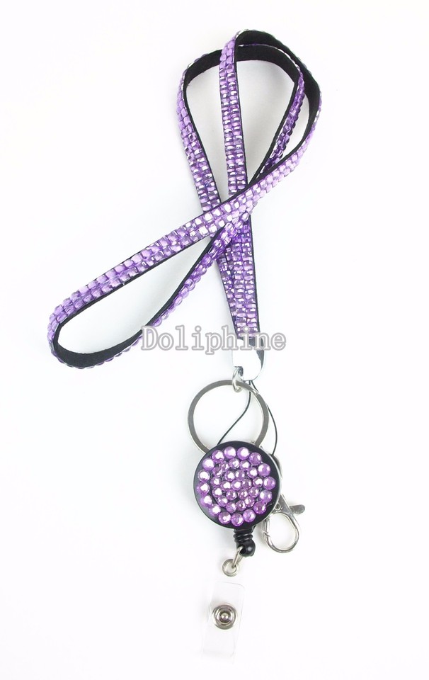 Multi Color Bling Rhinestone Lanyard with Retractable Reel for ID Badge ...
