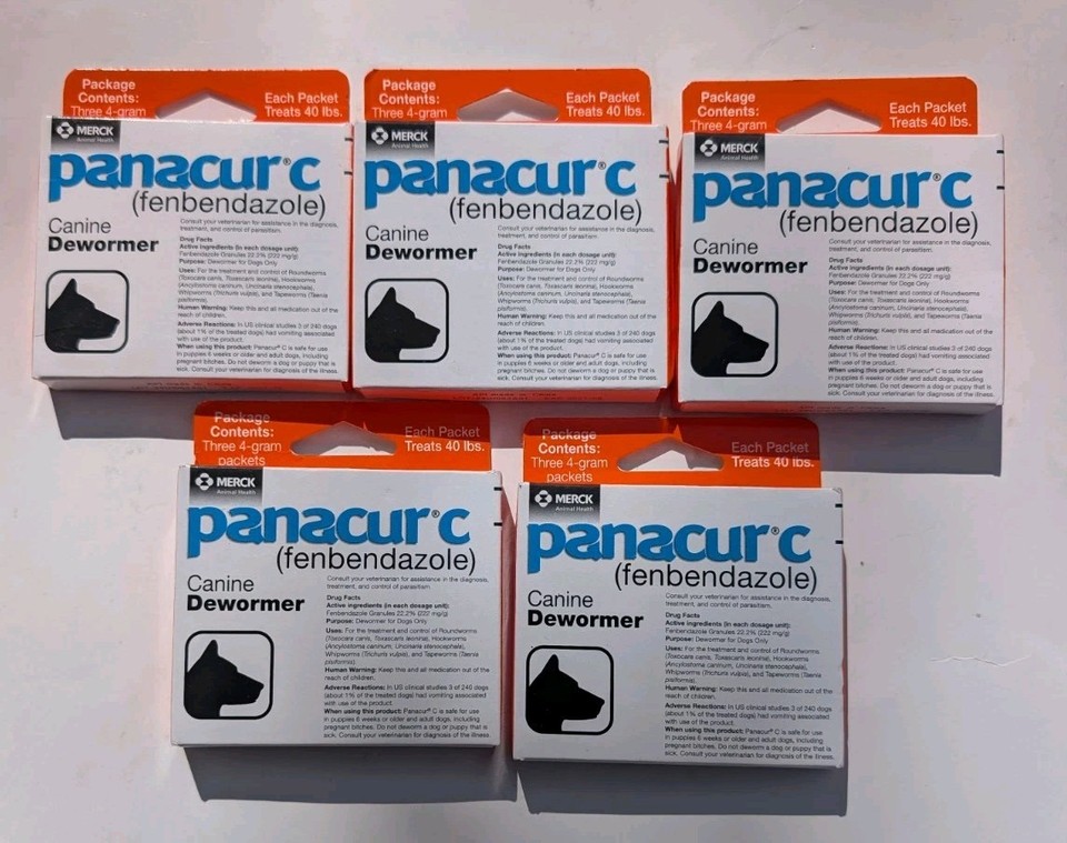 5 Lot- Panacur C 4 gram Canine 40lbs Dewormer Treatment 3 packs Per Box ...