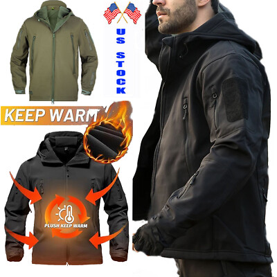 Men Waterproof Tactical lined Soft-shell Jacket Overcoat Wool Hoodie ...