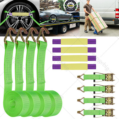 4 x Recovery Ratchet Wheel Strap Set 50MM 4 Metre 5T With Round Slings ...