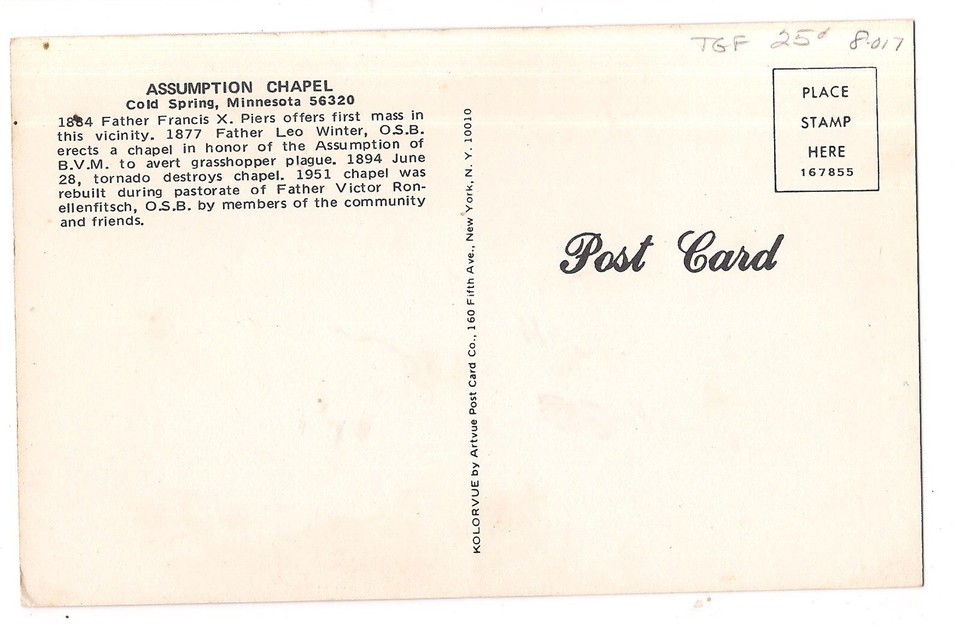 ASSUMPTION CHAPEL Hill Rd Church Steeple Cold Spring Minnesota Postcard ...