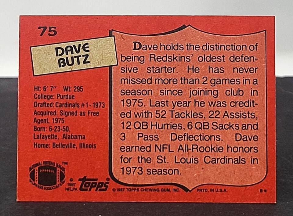 DAVE BUTZ Signed Autograph 1987 Topps Football Card #75 Washington ...