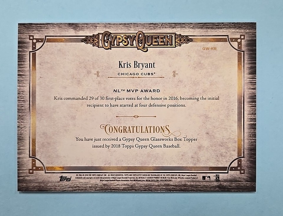 2018 Gypsy Queen Kris Bryant Glassworks Box Topper Refractor #GW-KB ...