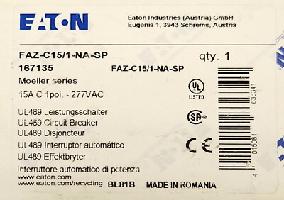 EATON MOELLER FAZ C15 1 NA SP Single Pole 15 AMP Supplementary ...
