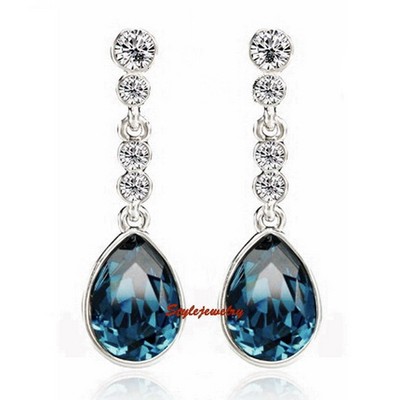 Silver Blue Sapphire Long Teardrop Earring Made With Swarovski Crystal ...