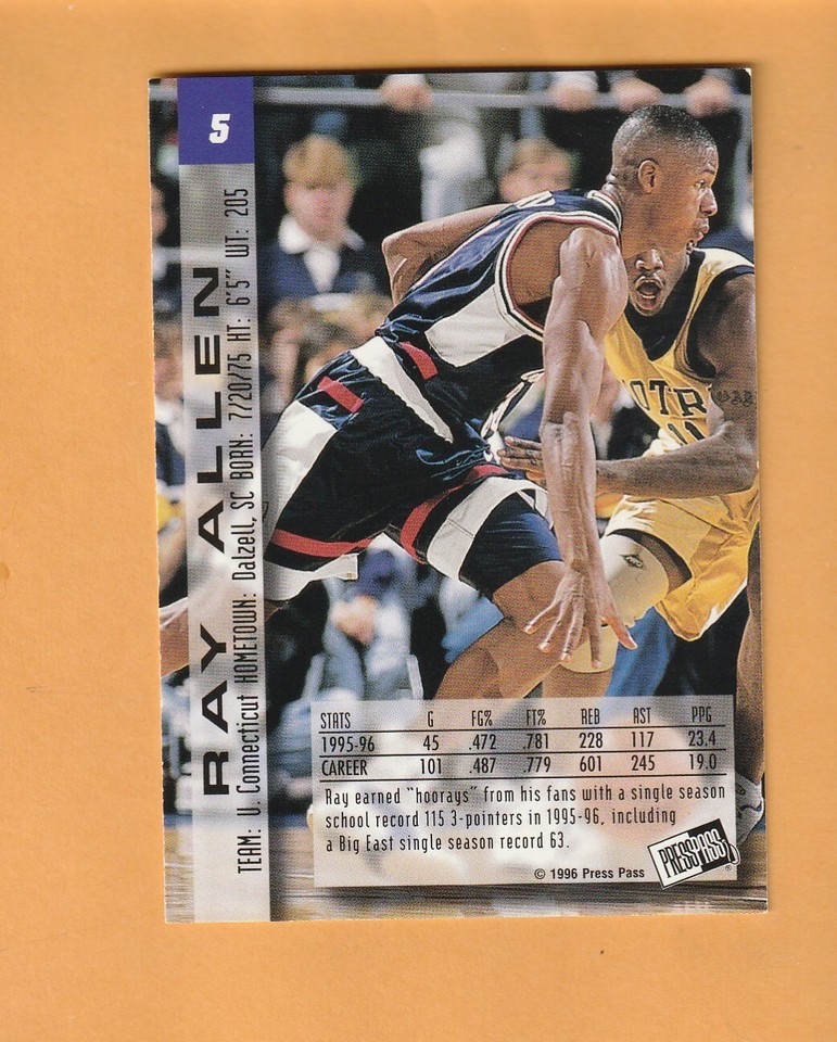 Ray Allen Connecticut Huskies 1996 Press Pass Swisssh #5 UConn Dalzell ...