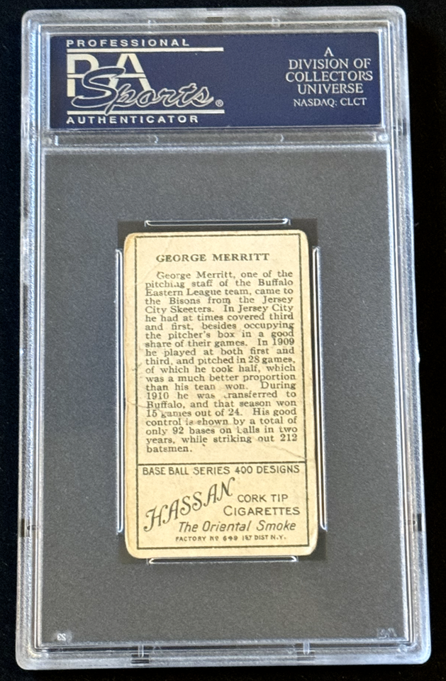 1911 T205 Gold Border George Merritt PSA 2 GOOD Hassan Minor League ...