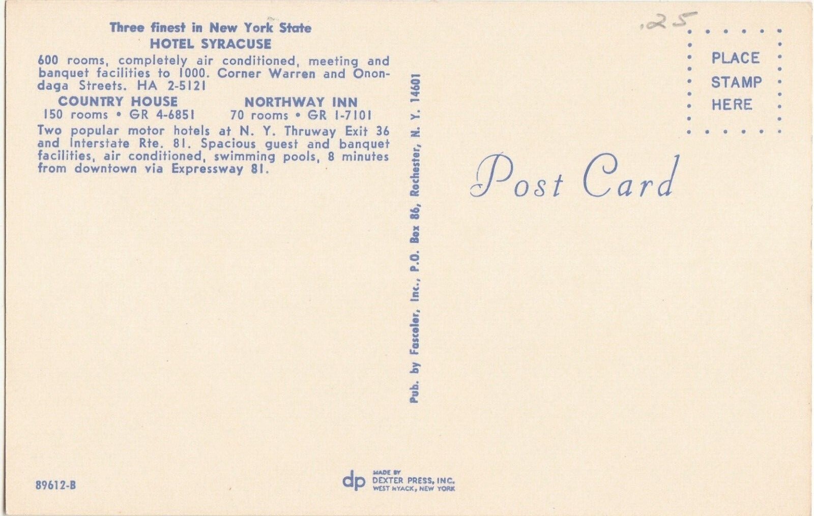 New York Three Finest Hotels Syracuse Northway Country House Unposted ...