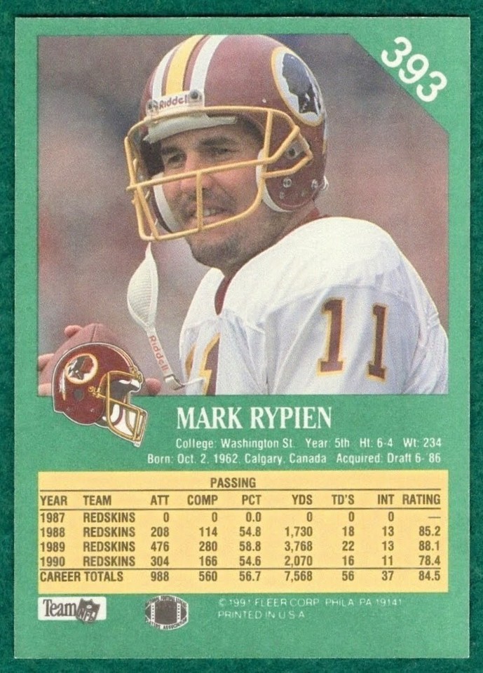 Mark Rypien - 1991 Fleer #393 - Washington Redskins Football Card | eBay