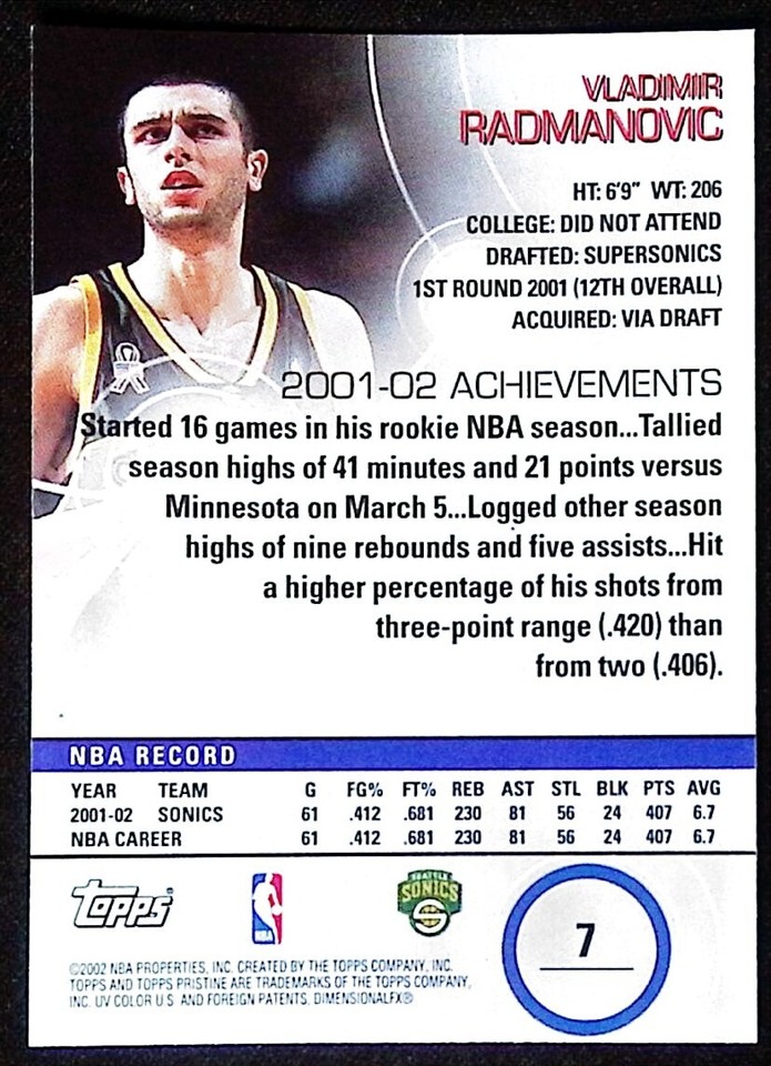 Vladimir Radmanovic - 2002 Topps Pristine #7 - Sonics | eBay