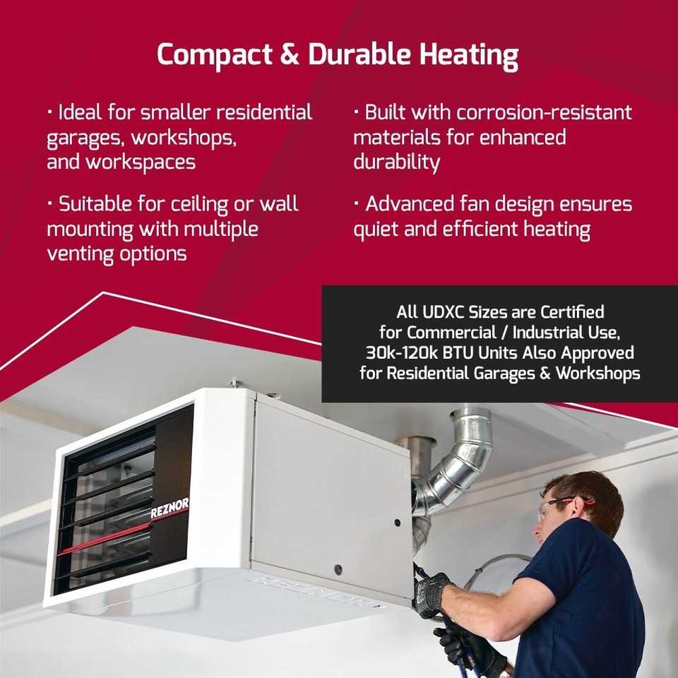 Reznor UDXC 105,000 BTU NG/LP Gas Heater Garage & Shop Unit, Low Static ...