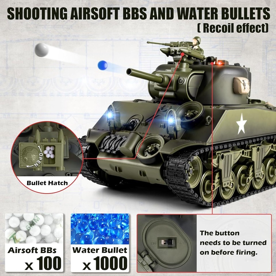 1/18 RC Tank M4A3 Sherman Remote Control Model Army Toy Military Tank ...