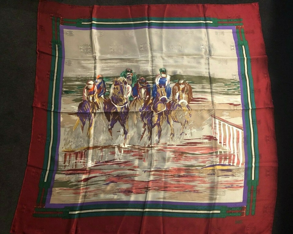 DAKS Deep Red, Silk Jacquard "Crests & Horse Race" Scarf 86cmx86cm ...