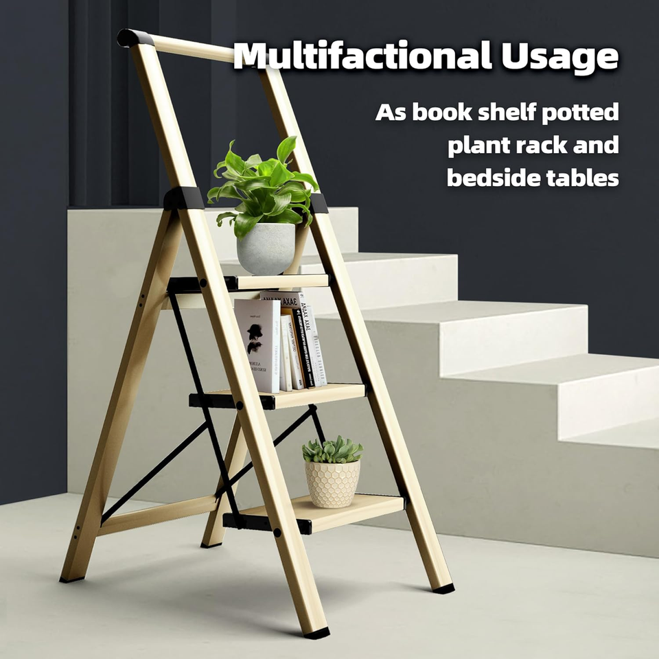 3 Step Foldable Aluminum Step Ladder with Handgrip, Anti-Slip Pedal ...