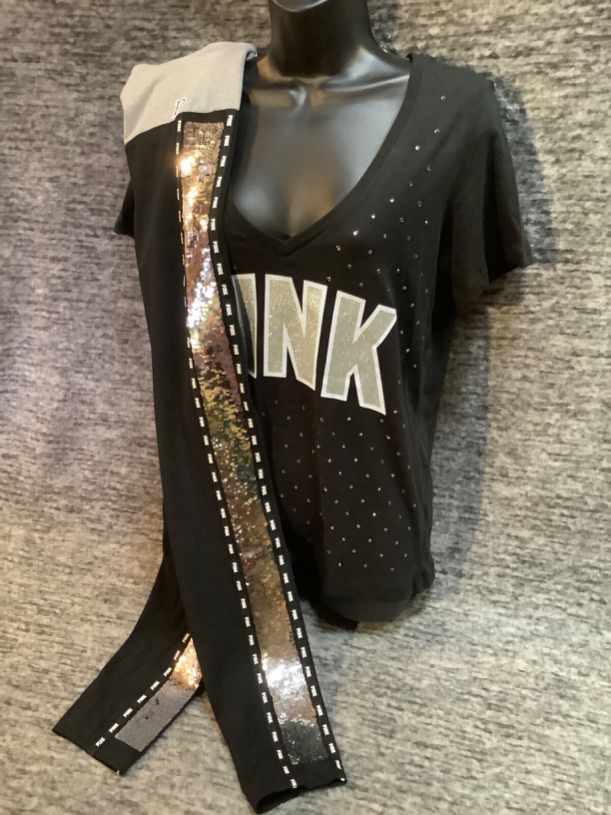 Victoria's Secret Pink Bling Rhinestone Tee Shirt + Leggings Set Black ...