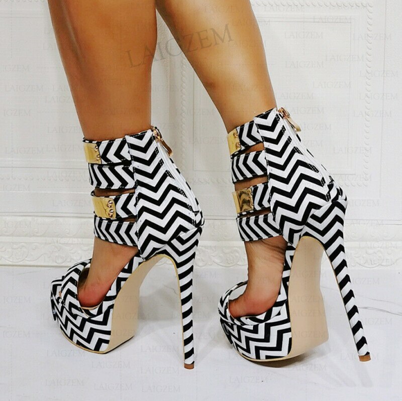 Women Platform Sandals Open Toe Back Zip Stiletto High Heels Stripes ...
