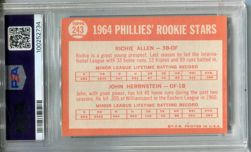 1964 Topps #243 Richie Allen Rookie PSA 8 NM-MT Philadelphia Phillies ...