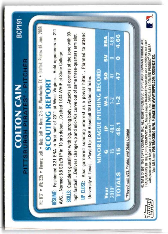 2011 Bowman Chrome Prospects Colton Cain Pittsburgh Pirates #BCP191 | eBay