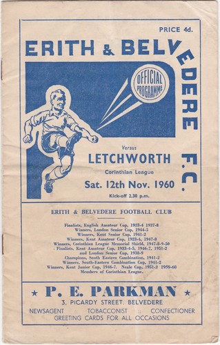 1960/61 Erith & Belvedere v Letchworth, Corinthian League - good | eBay UK