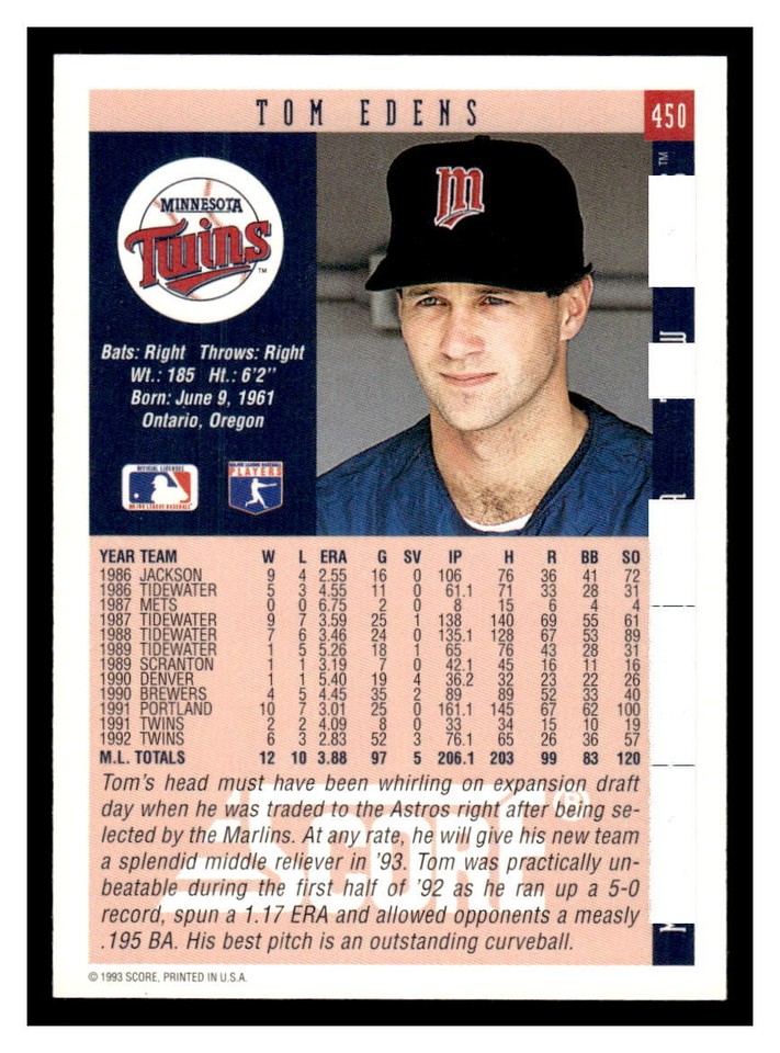 1993 Score #450 Tom Edens - Minnesota Twins | eBay