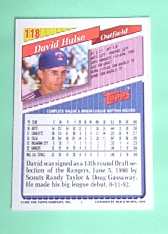 1993 Topps Texas Rangers Baseball Card #118 David Hulse Rookie | eBay